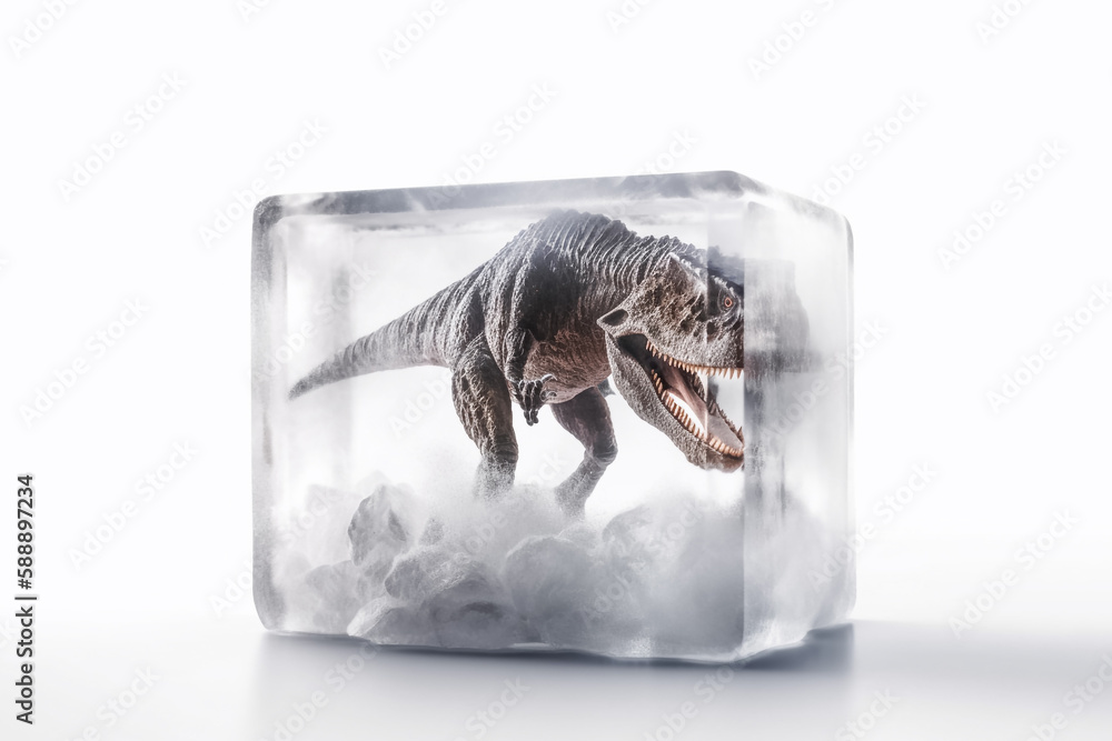 Frozen dinosaur in an ice cube. The concept of cloning, restoration of ...