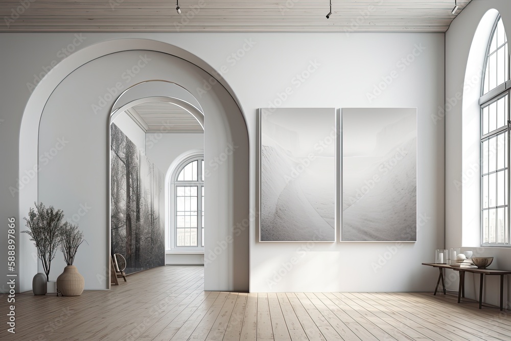 Vacant room with wooden flooring, white and gray walls, and windows ...
