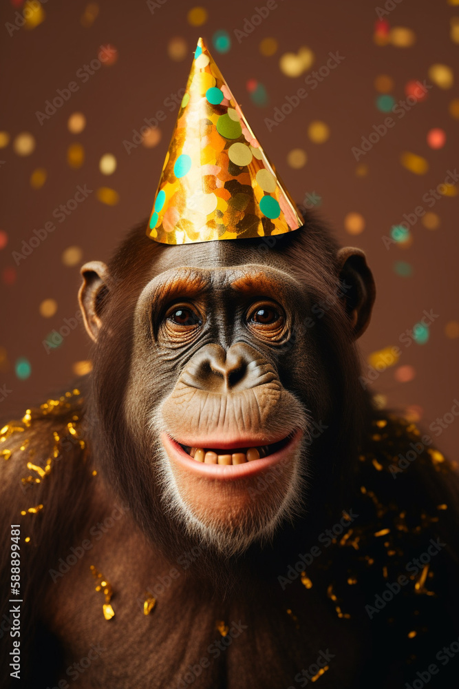 fröhlicher Affe mit Partyhut und Konfetti in Partystimmung. Generative ...