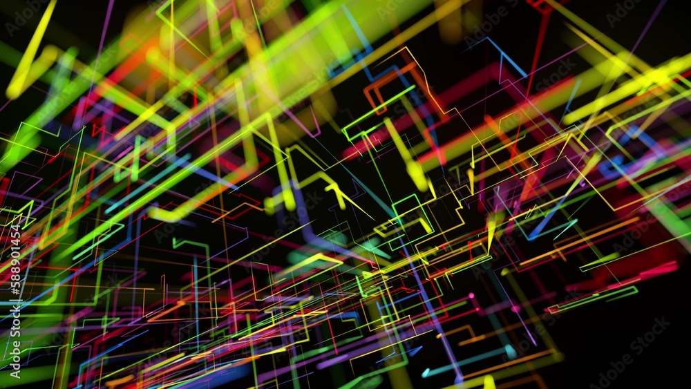 3d rendering sci-fi bg like abstract hologram. Multicolor neon glow ...