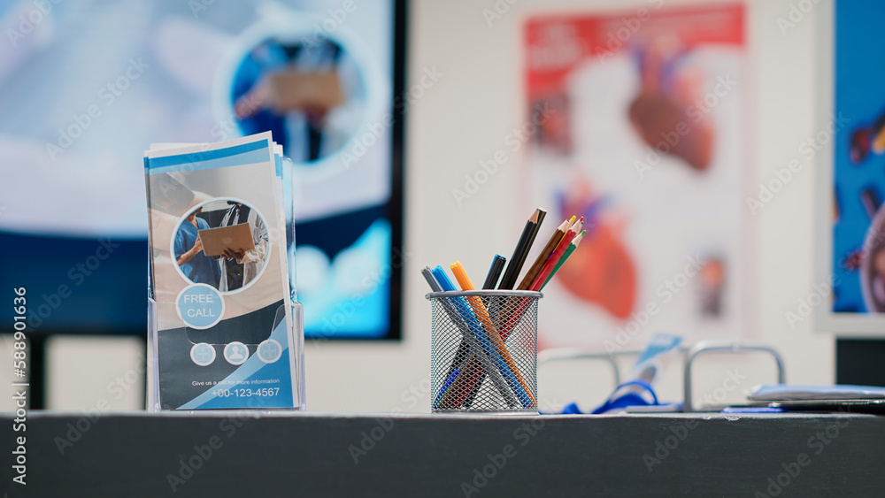 Health center registration counter filled with medical reports to fill ...