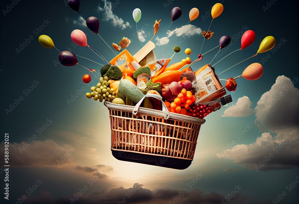 Shopping basket full of food with balloons flying in the sky. Grocery ...