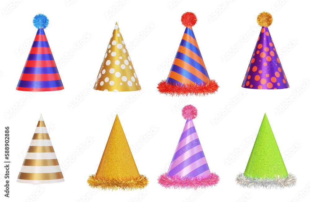 Assortment of paper party hats isolated on transparent background. 3D ...