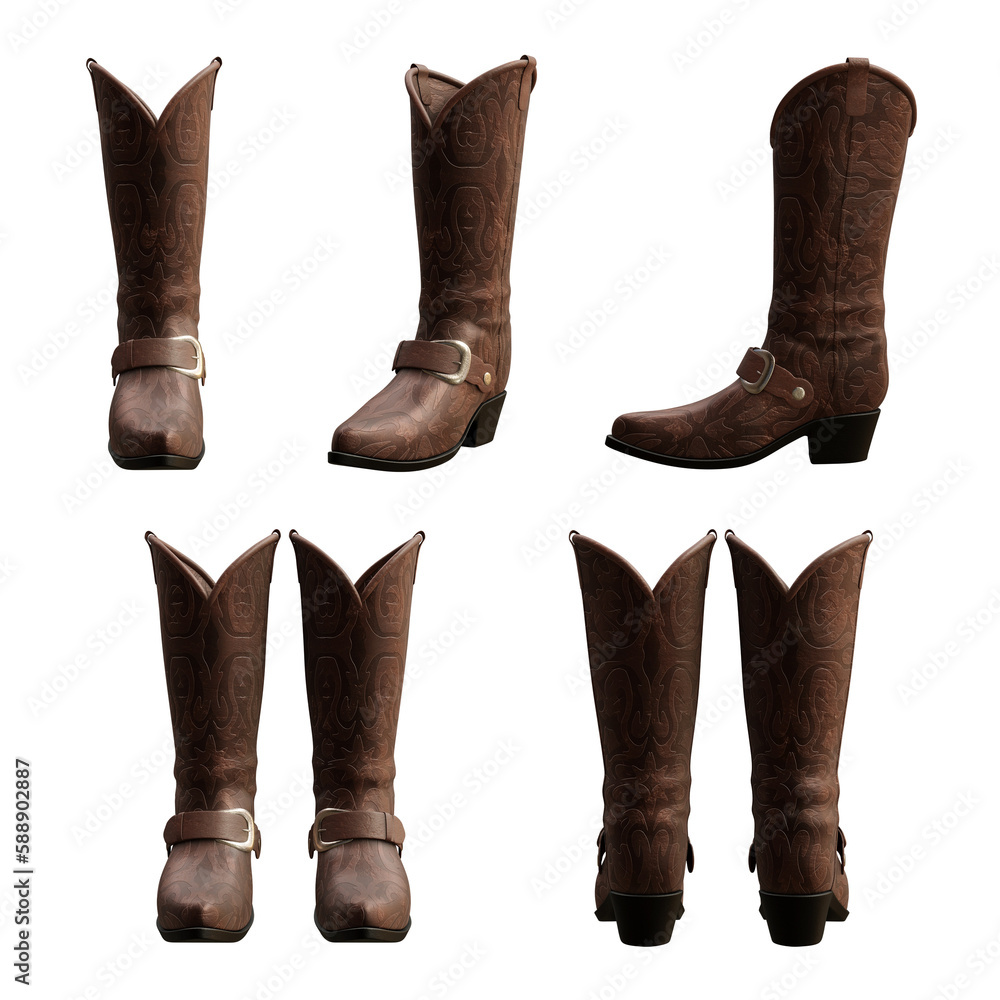 Brown leather cowboy boots from different angles isolated on ...