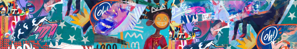 fresco of street collage with graffiti of pop culture symbol. colorful ...