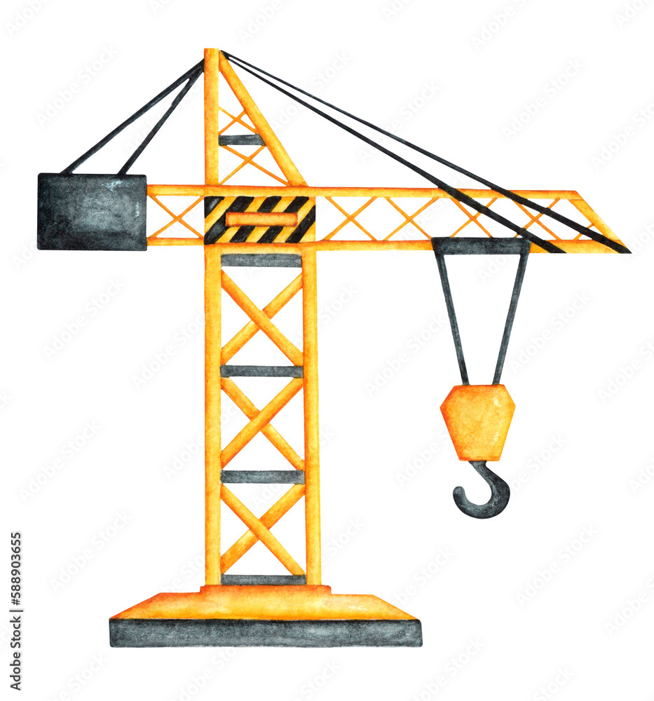 Build crane watercolor illustration. Yellow construction crane ...