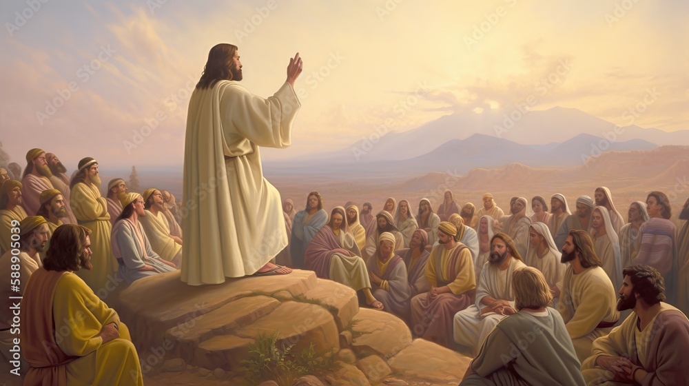 Jesus Speaking to Enthusiastic Crowd on Hill Impressive Illustration ...
