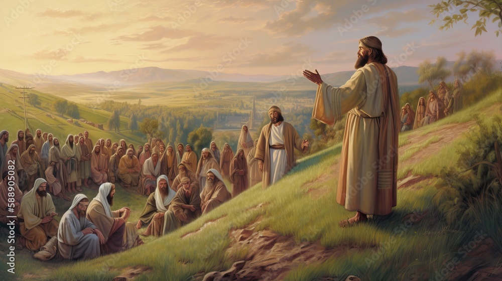 Jesus Speaking to Large Crowd on Hill Inspiring Illustration Generative ...