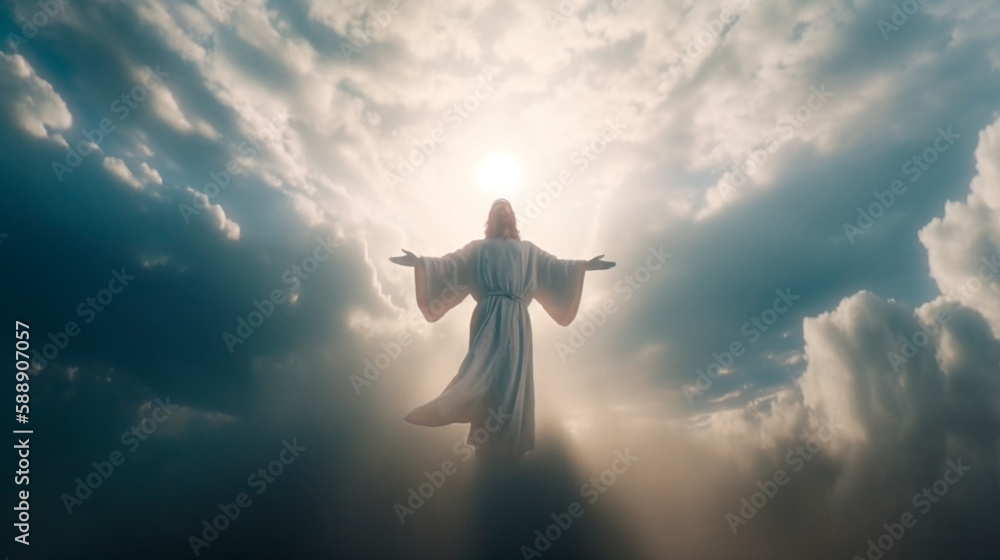 Resurrected Jesus Christ reaching out with open arms in the sky, heaven and cross, love and ...