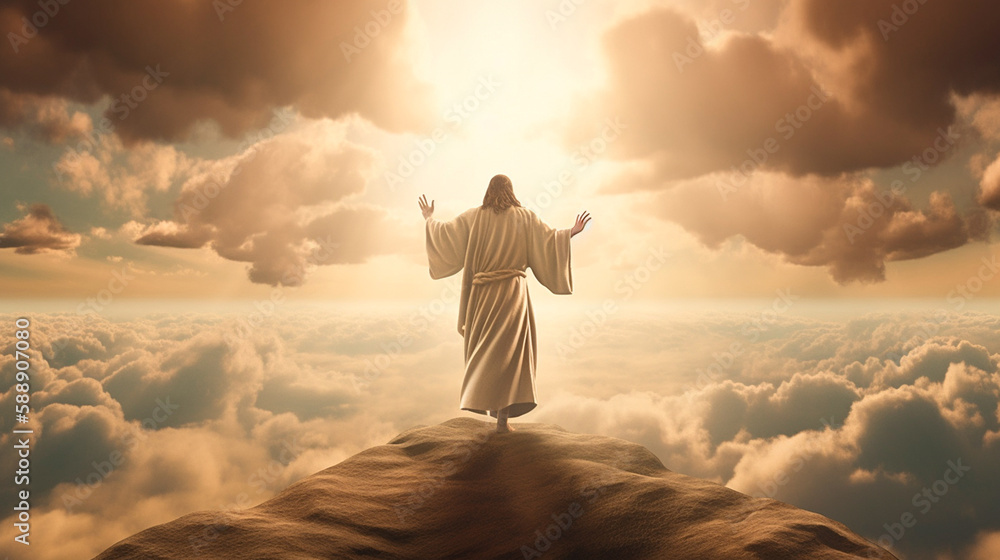 Resurrected Jesus Christ reaching out with open arms in the sky, heaven ...