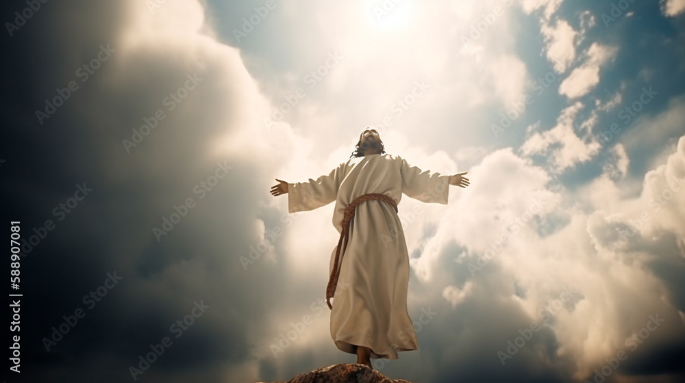 Resurrected Jesus Christ reaching out with open arms in the sky, heaven ...