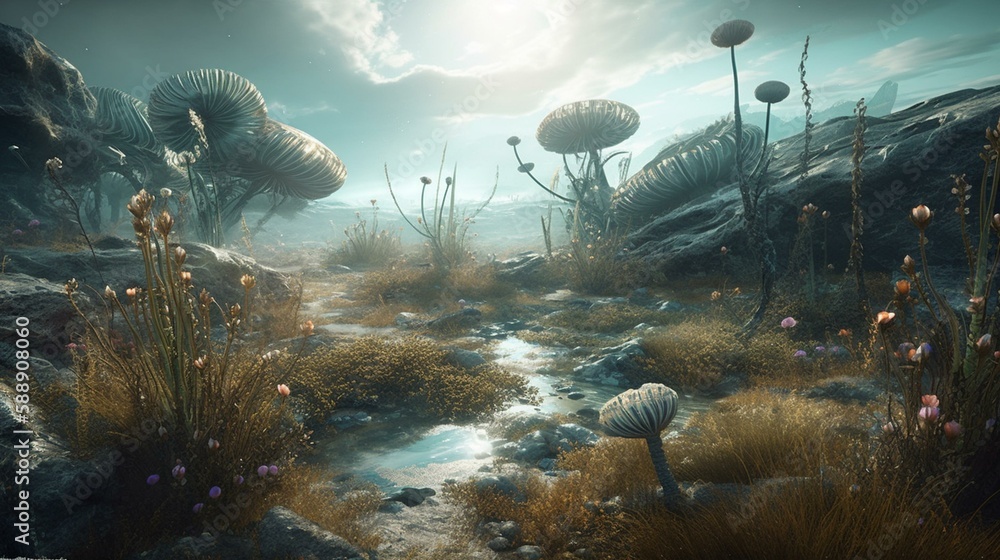 An alien planet with unusual plants and creatures Generative AI Stock ...