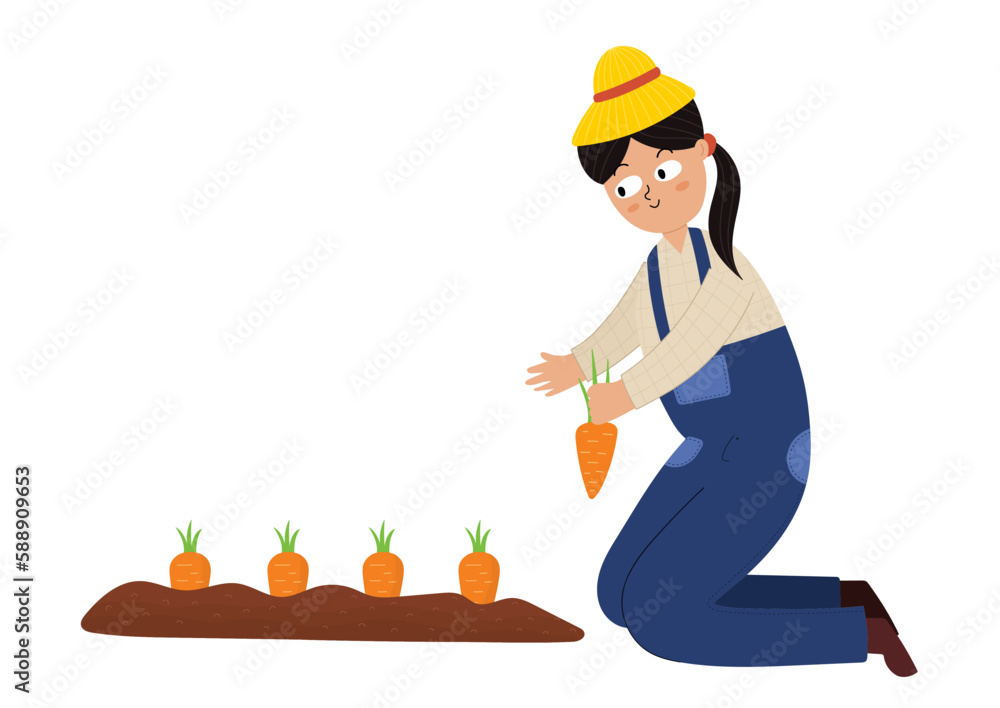 Cute girl picking up carrots from the gardening bed. Young farmer doing ...