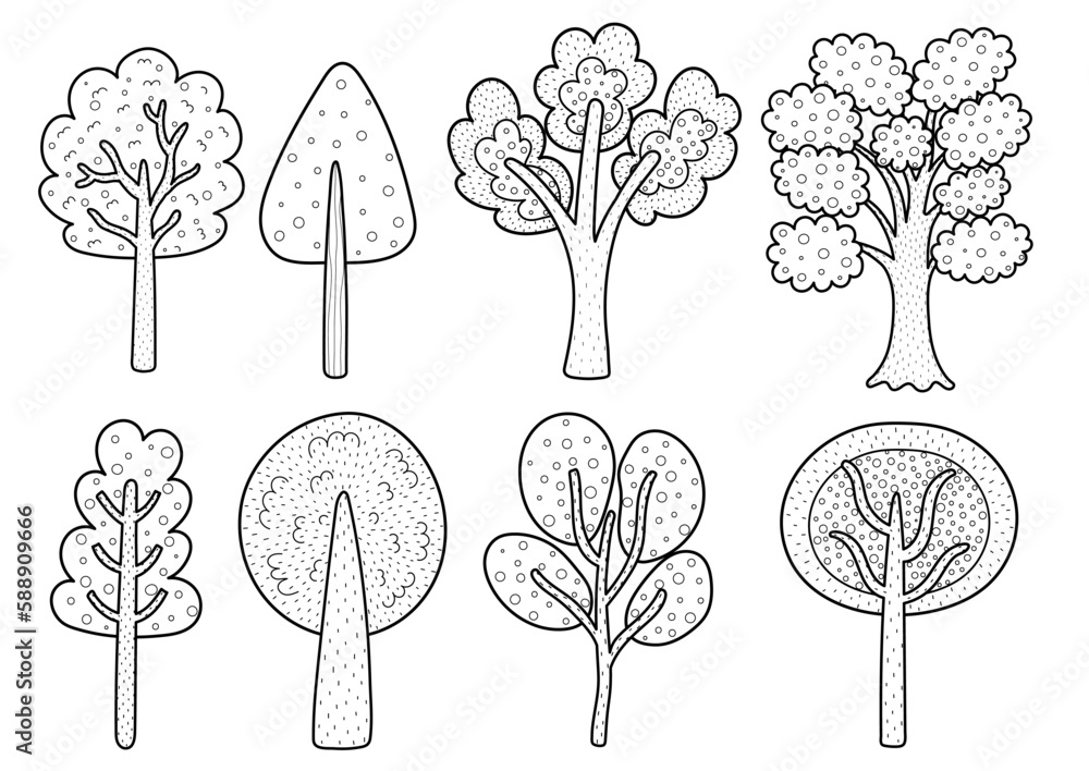 Black and white doodle trees collection. Different trees set for ...