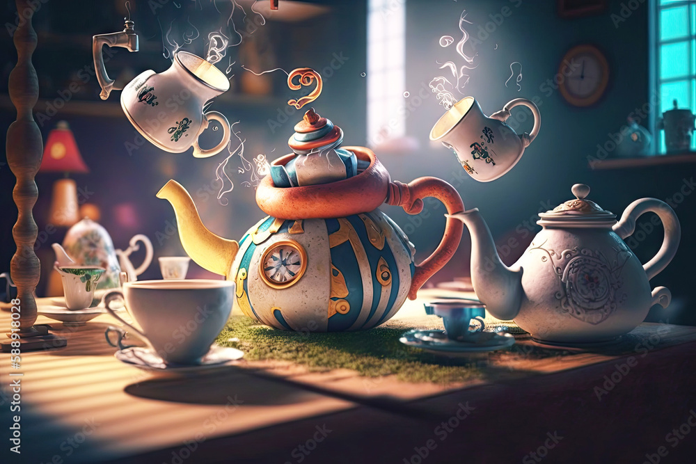 scene from Alice in Wonderland with flying teapots and cups Stock ...