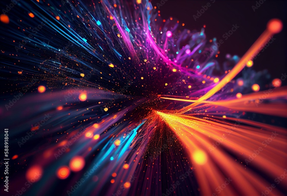 Abstract Fiber Optic Lines With Particles Colliding Blue Pink And Orange Cgi Concept Render Ai