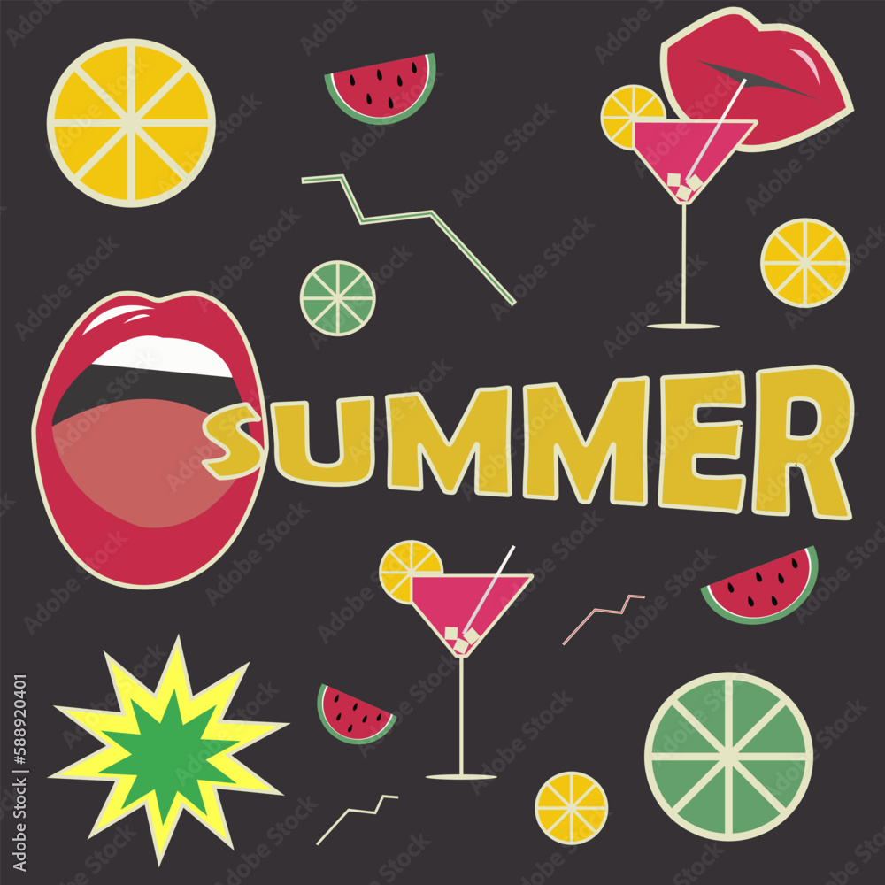 Summer background in retro style of the 90s. Lips, cocktail, orange ...
