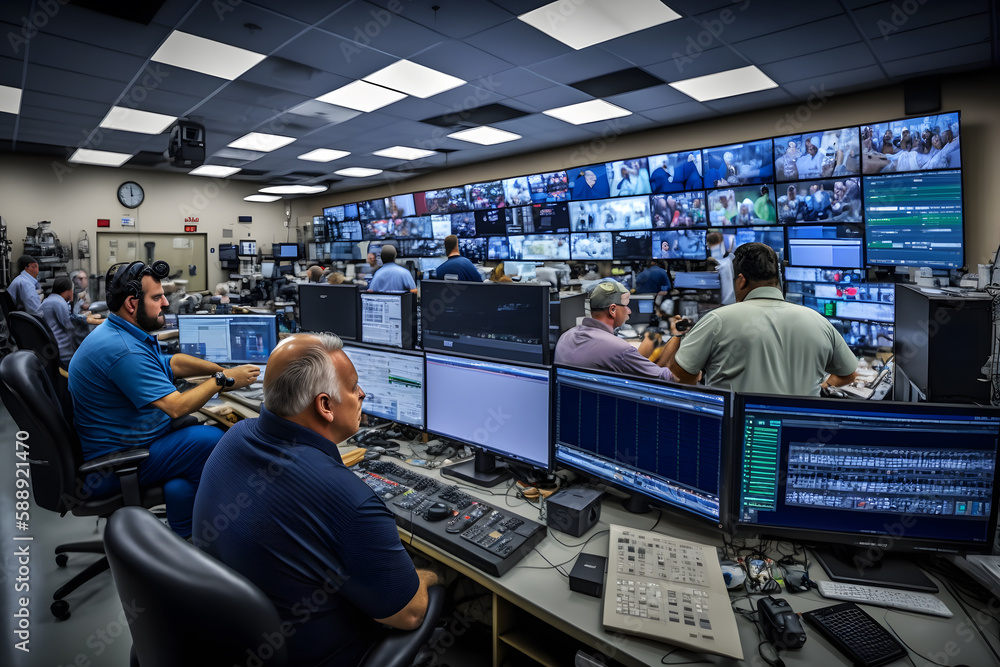 Security Control Room with Multipoke Computer Screens Showing ...