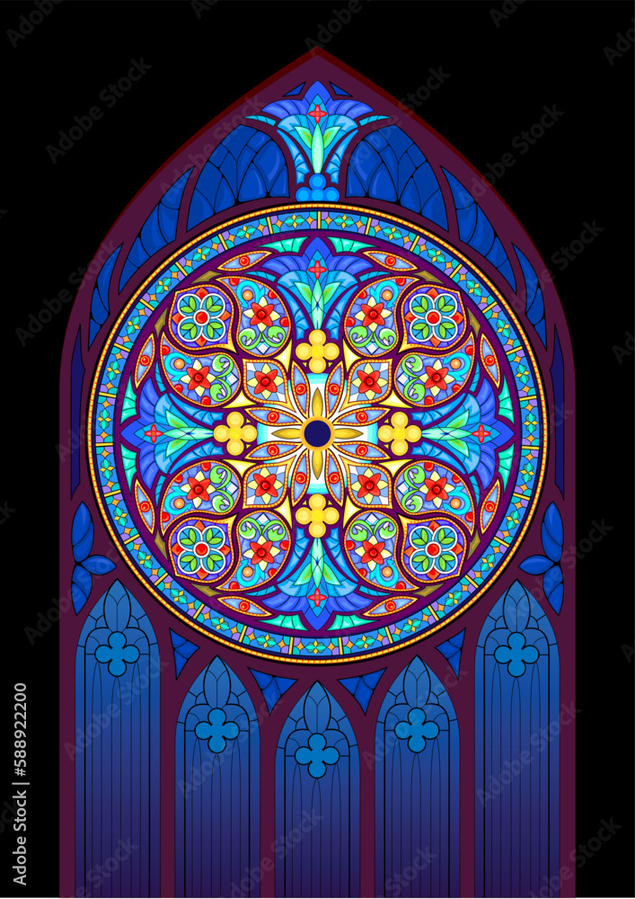Beautiful colorful stained glass window. Gothic rose in medieval ...