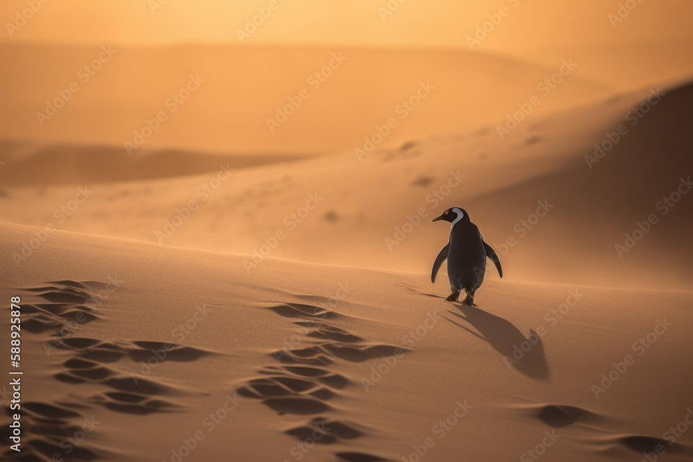 The penguin walking in the desert,looking for water and food, the ...