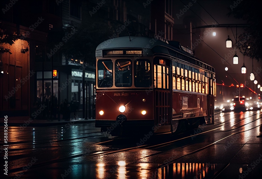 a trolley car on a city street at night with a light on it's head and ...
