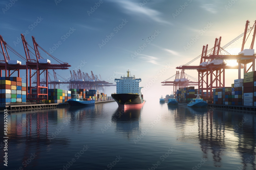 A large port dock photo, with many cargo ships loading containers Stock ...