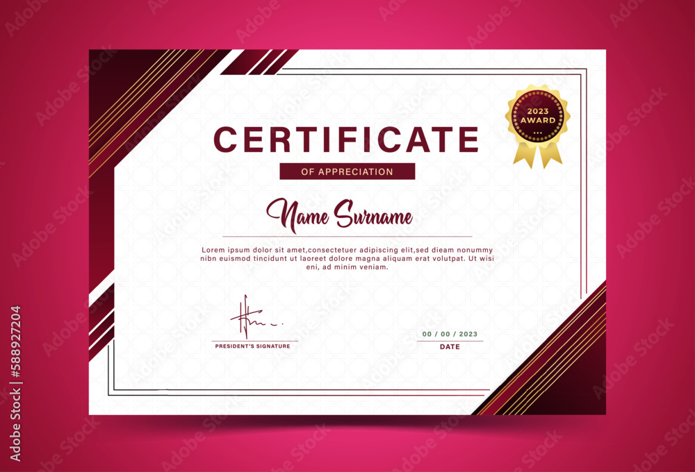 Award certificate template. fancy red color gradation, with gold ...