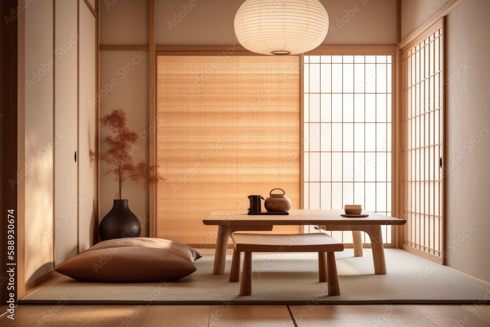 Japanese tea room with tatami, futon, rice paper door, seats, and light ...