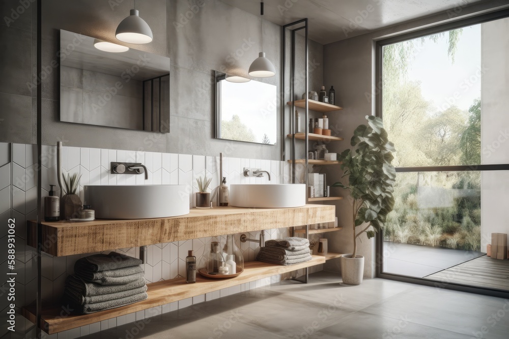 A long white and concrete shelf supports a double sink in this tiled ...