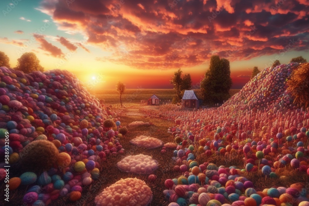 Candyland Landscape Candy Fields Fantasy Pink Cotton Candy Clouds ...