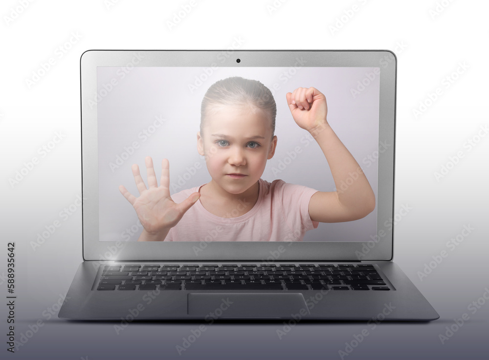 Internet addiction. Little girl trapped in computer. Child knocking on ...