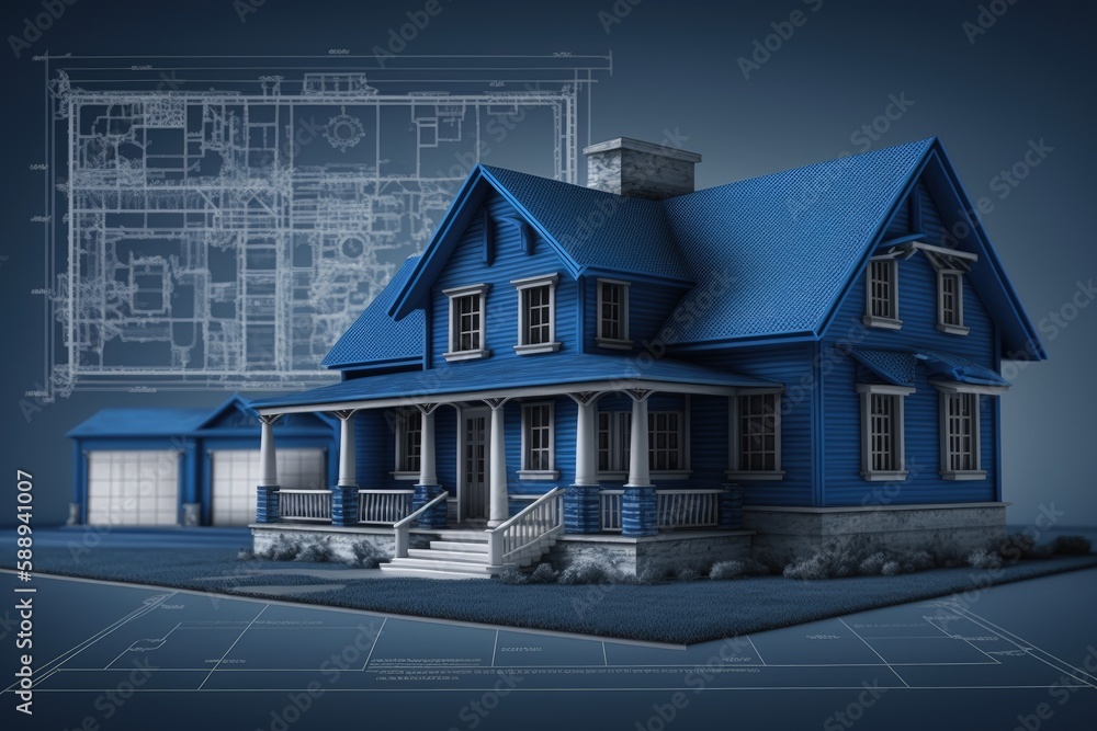 Architecture project with miniature house on top, Blueprint design with ...