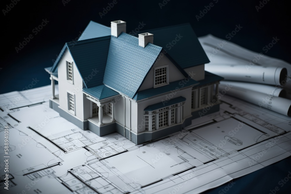 Architecture project with miniature house on top, Blueprint design with ...