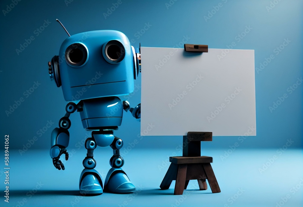 Cute blue robot holding blank white board 3D. Generative AI Stock ...