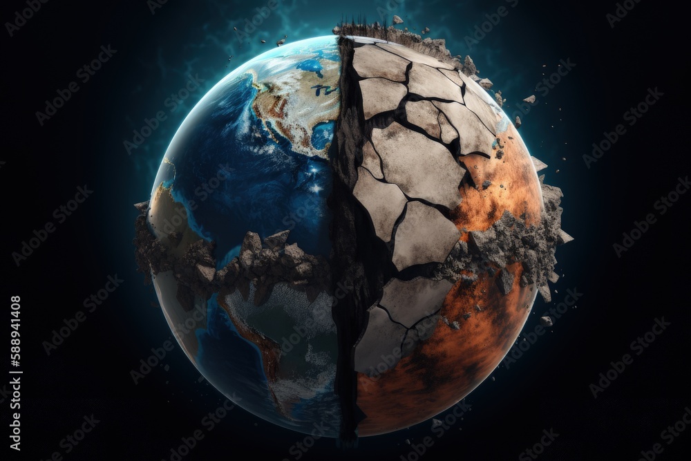 Planet earth with one half destroyed and one half preserved, earth day concept, environment ...