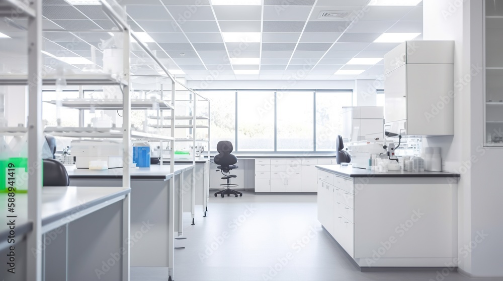 Scientific laboratory interior, research facilty, with white shelves ...
