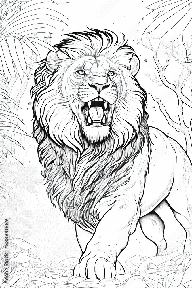Fierce lion roaring in the jungle, line art for coloring book, crisp ...