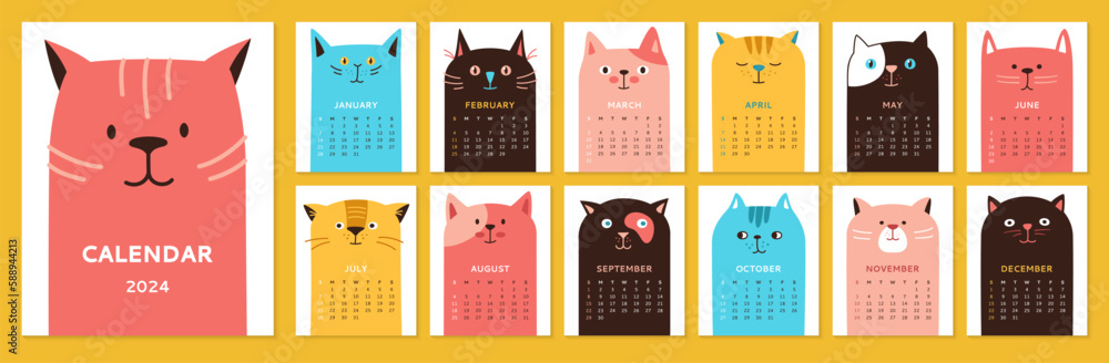 Calendar 2023 with cartoon Cats template set. Monthly calendar cute ...