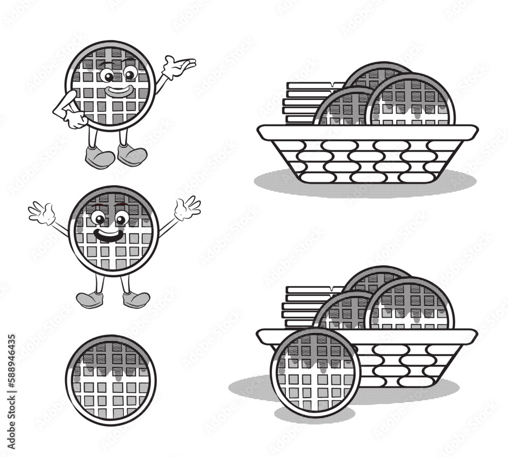 Collection of waffles black and white drawings. Includes two mascots ...