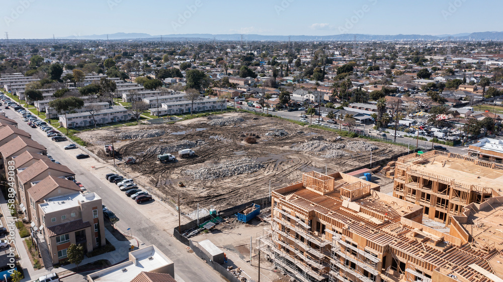 Afternoon aerial view of demolition and new construction in downtown ...