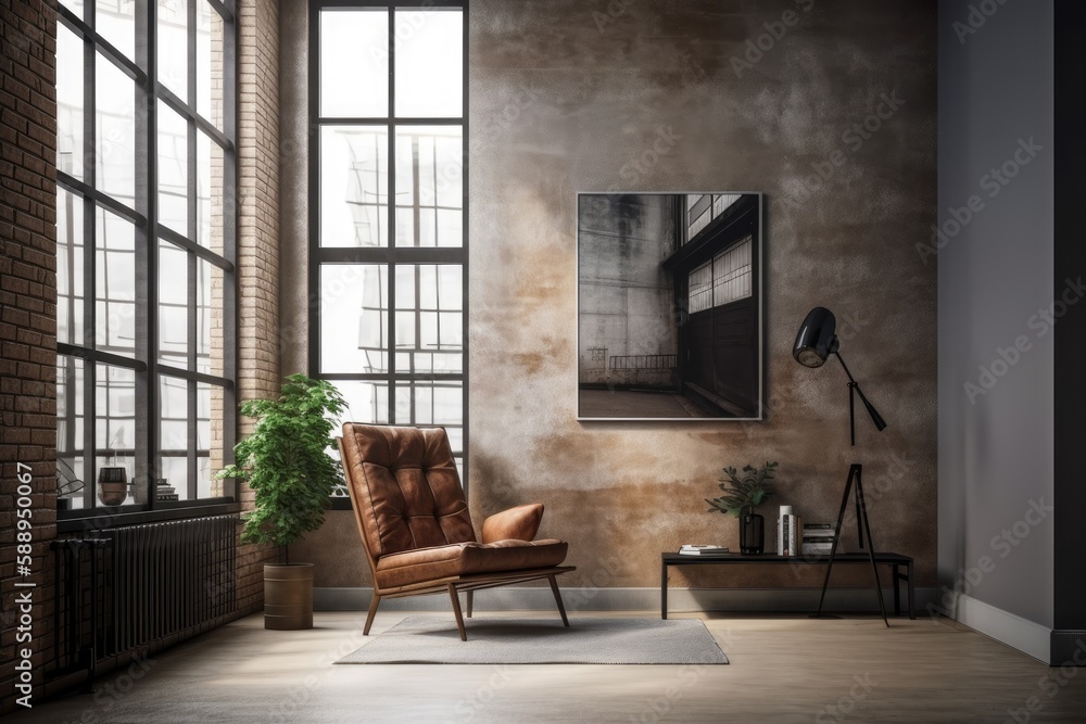 A vertical poster is displayed on a brick wall between two black metal ...