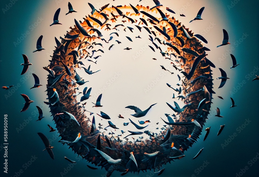 a flock of birds flying through the sky together in formation in a ...