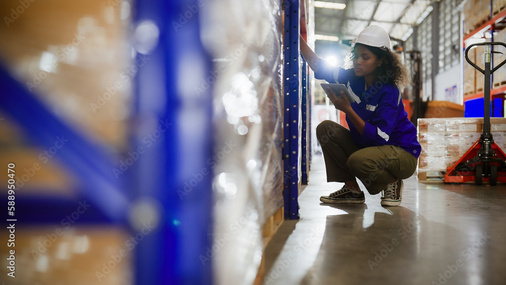 Young black woman warehouse workers holding digital tablet checking ...