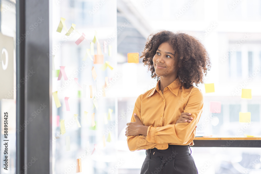 Young Asian woman Creative team use post it notes to share idea sticky ...