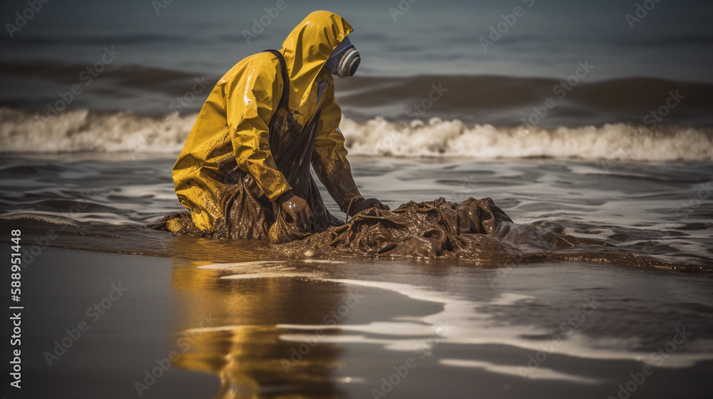 Man wearing a hazmat suit and gas mask standing on the beach world ...