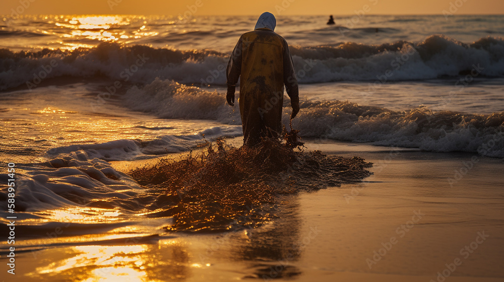 Man wearing a hazmat suit and gas mask standing on the beach world ...