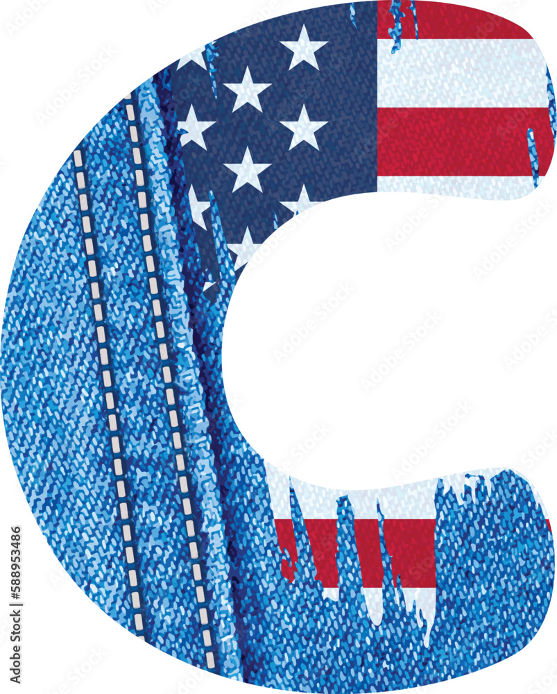 The letter C with the texture of jean fabric and American flag as a ...