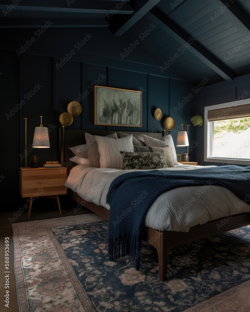 A dark bedroom with an over sized bed and rug, colors of light indigo ...
