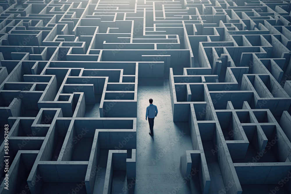 Man walking into big labyrinth. Finding solution concept, generative AI ...