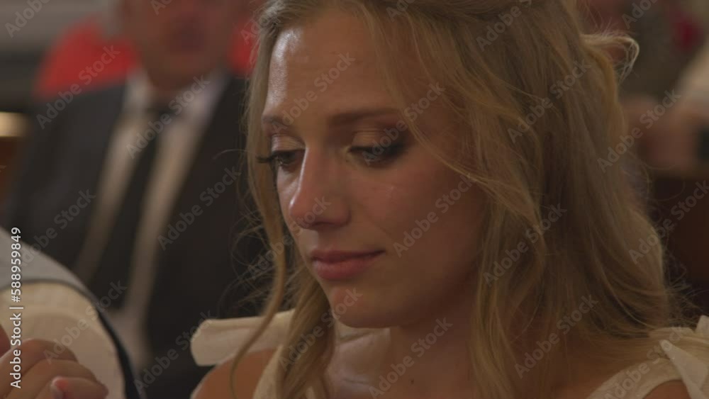 CLOSE UP, PORTRAIT: Beautiful young bride crying at wedding ceremony in ...